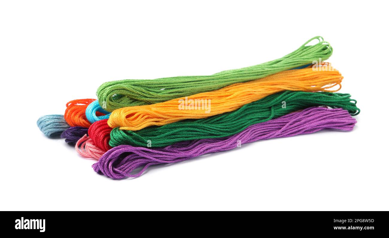 Set of colorful embroidery threads on white background Stock Photo - Alamy