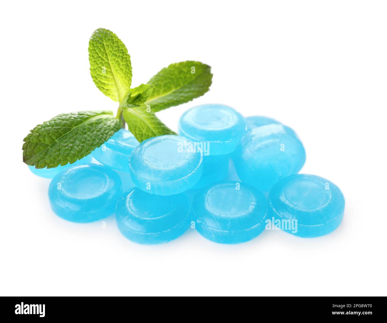 Many light blue cough drops with mint on white background Stock Photo ...