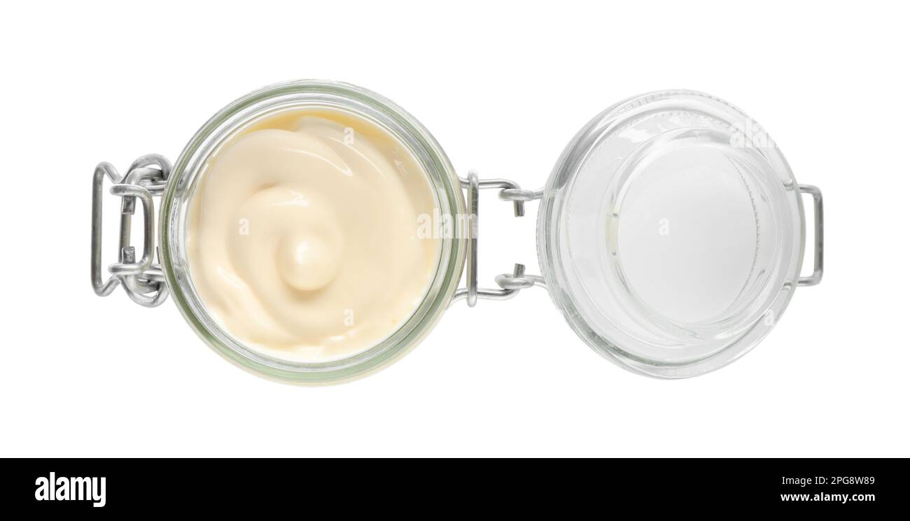 Mayonnaise in glass jar isolated on white, top view Stock Photo - Alamy