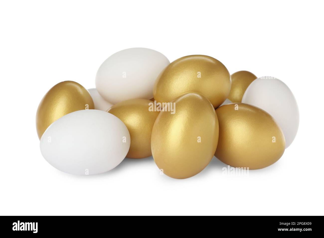 Golden eggs among ordinary ones on white background Stock Photo - Alamy