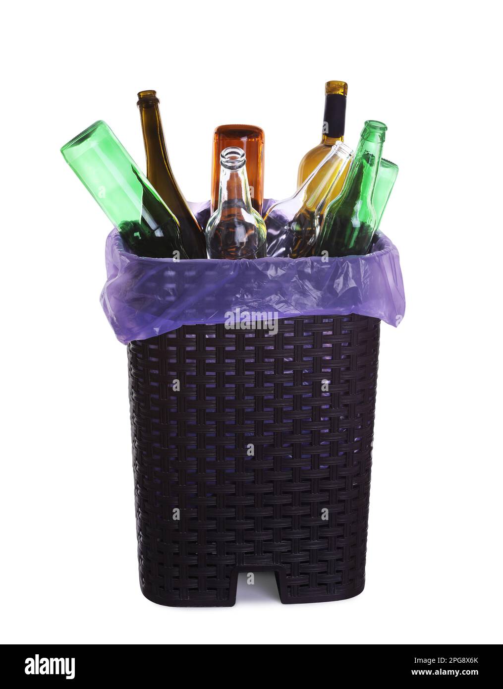 Trash bin full of glass bottles on white background. Recycling rubbish ...