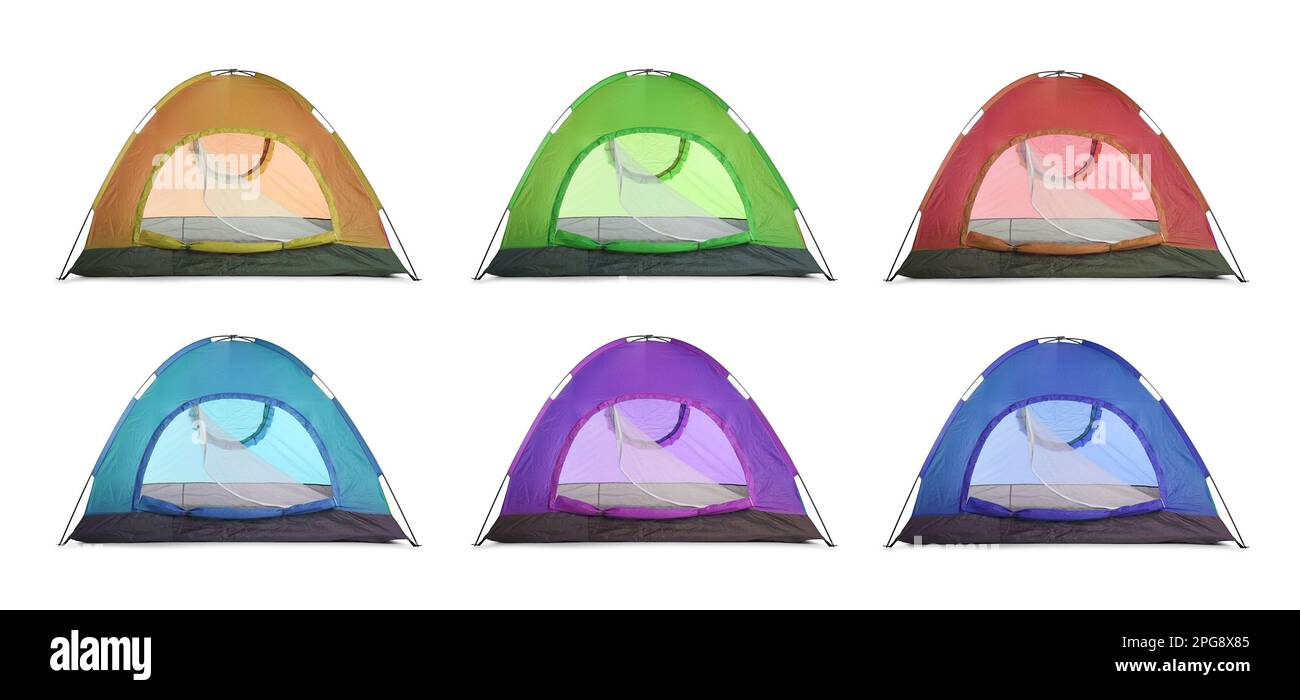 Set with different colorful camping tents on white background. Banner ...