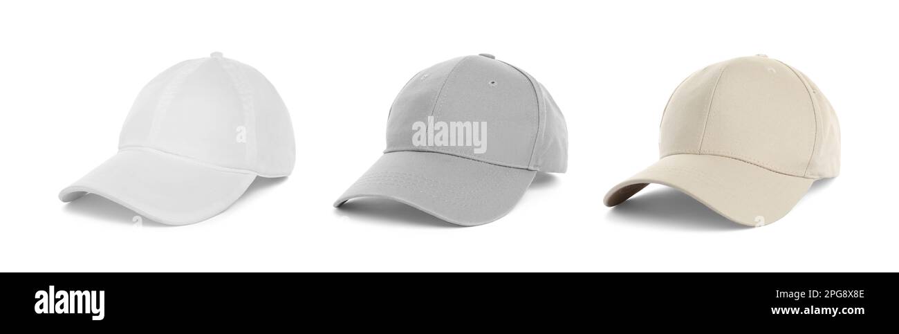 Set with different baseball caps on white background. Mock up for ...