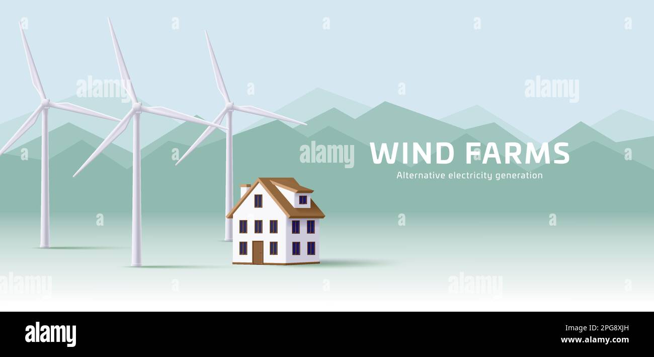 House icon with big windmill farm behind in mountains, 3d illustration ...