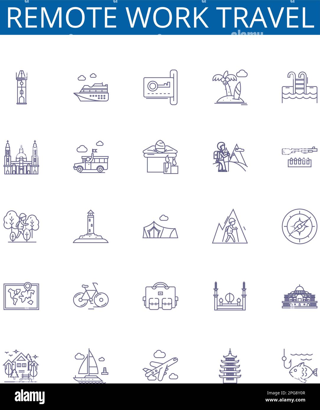 Remote work travel line icons signs set. Design collection of Remote, Work, Travel, Remote-Work ...