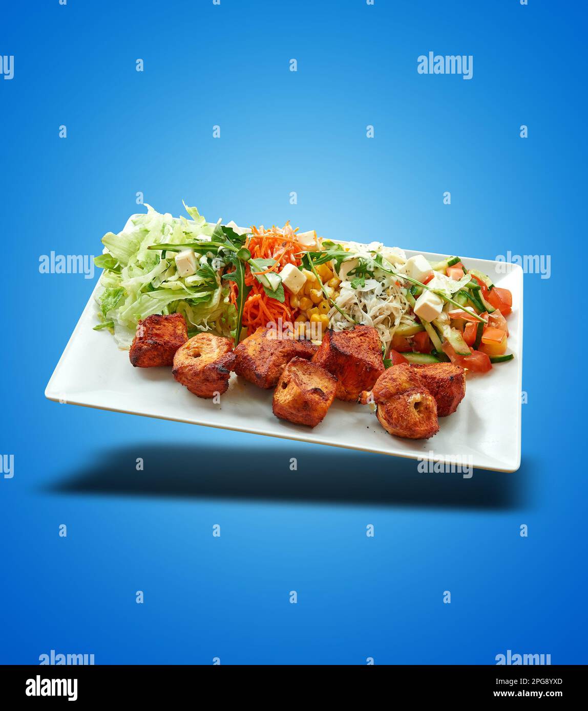 Floating Chicken Tikka Brochette on white plate on blue gradient ...