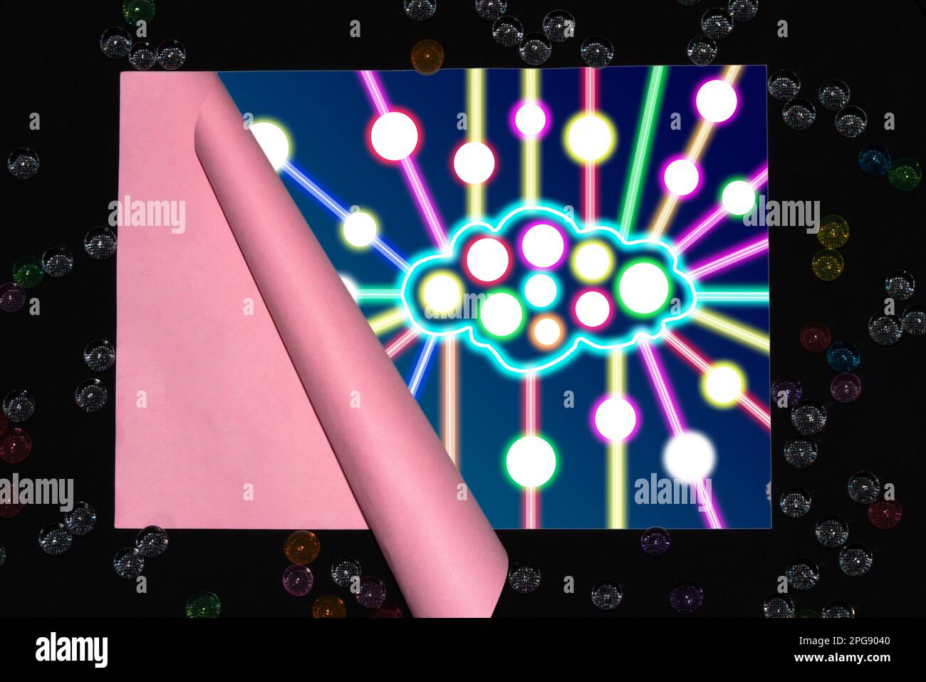 unwrapped paper in space under the paper cloud on which information is ...