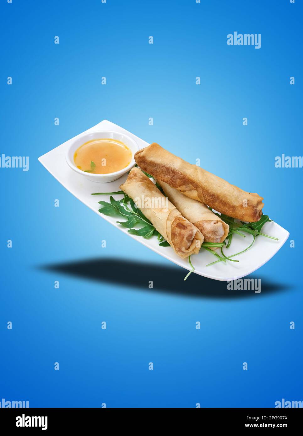 Floating Spring roll with Spicy Sauce on blue gradient background Stock ...