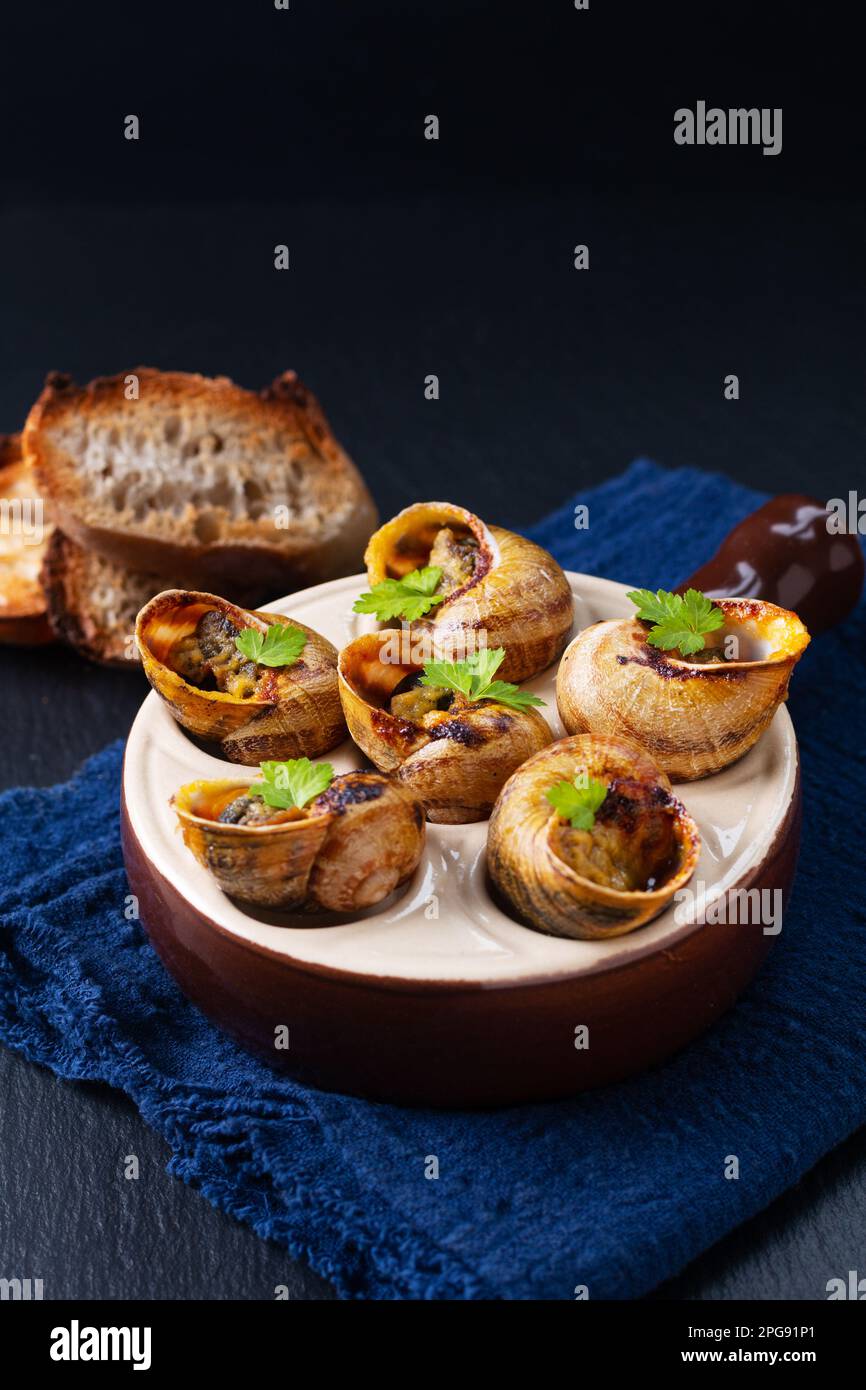 Food concept Escargots Baked French snails with Garlic butter on black ...