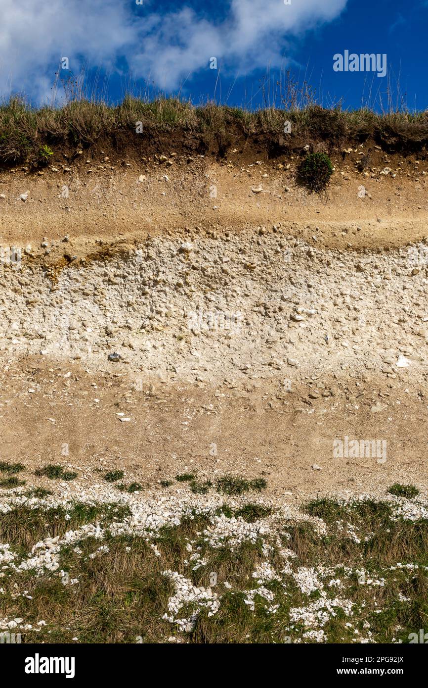The edge of a hillside in the South Downs showing layers with chalk ...