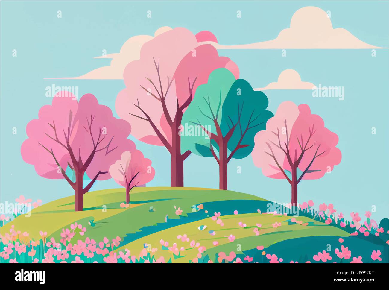 vector illustration of spring park with pink and green tree nature ...