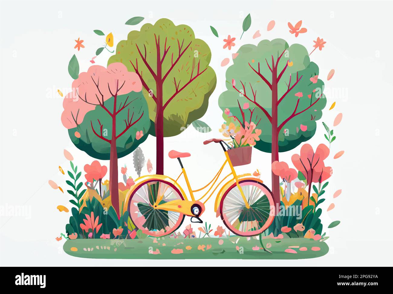 vector illustration cartoon style bicycle with wicker basket in spring ...