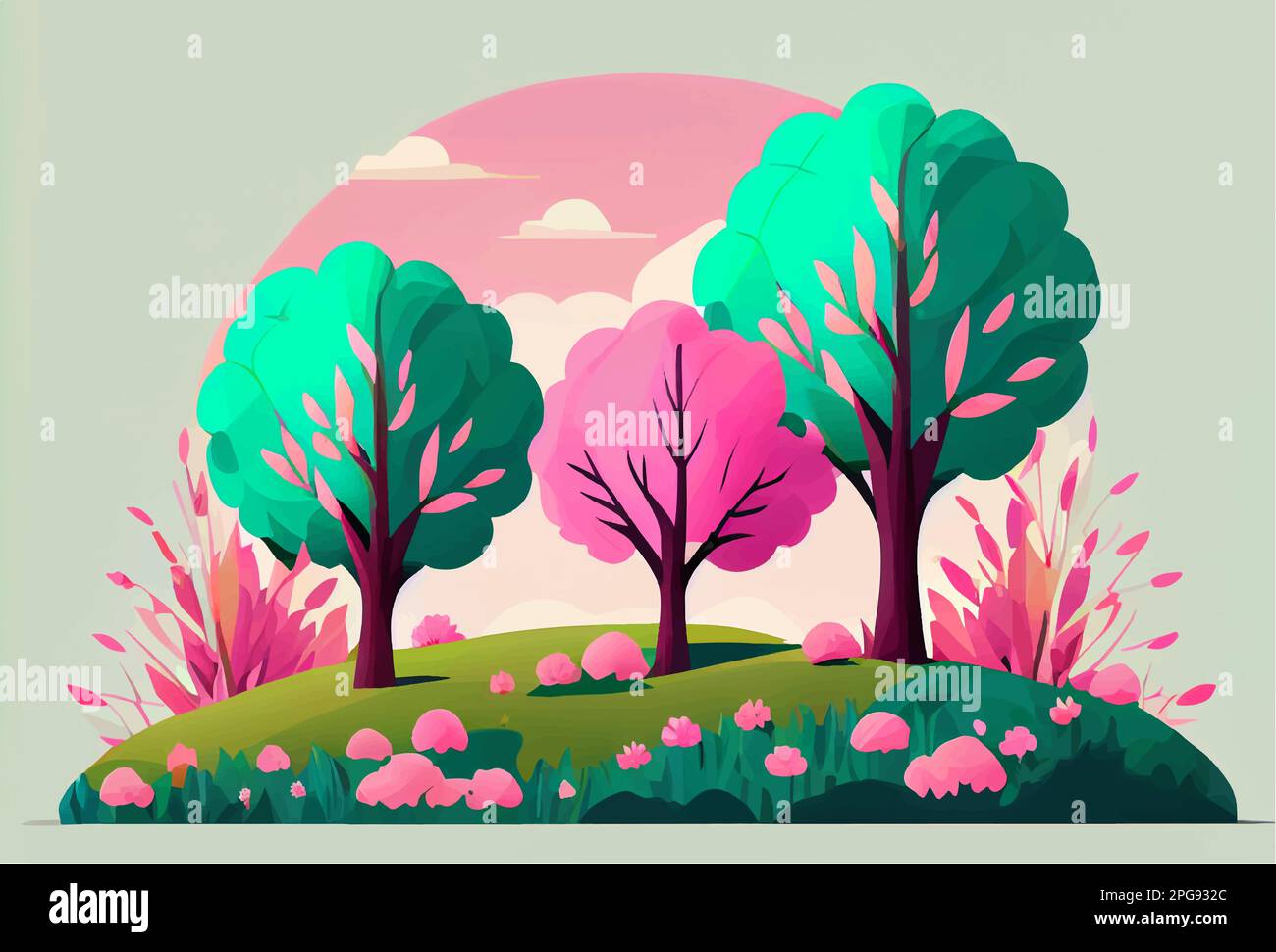 vector illustration of spring park with pink and green tree nature ...