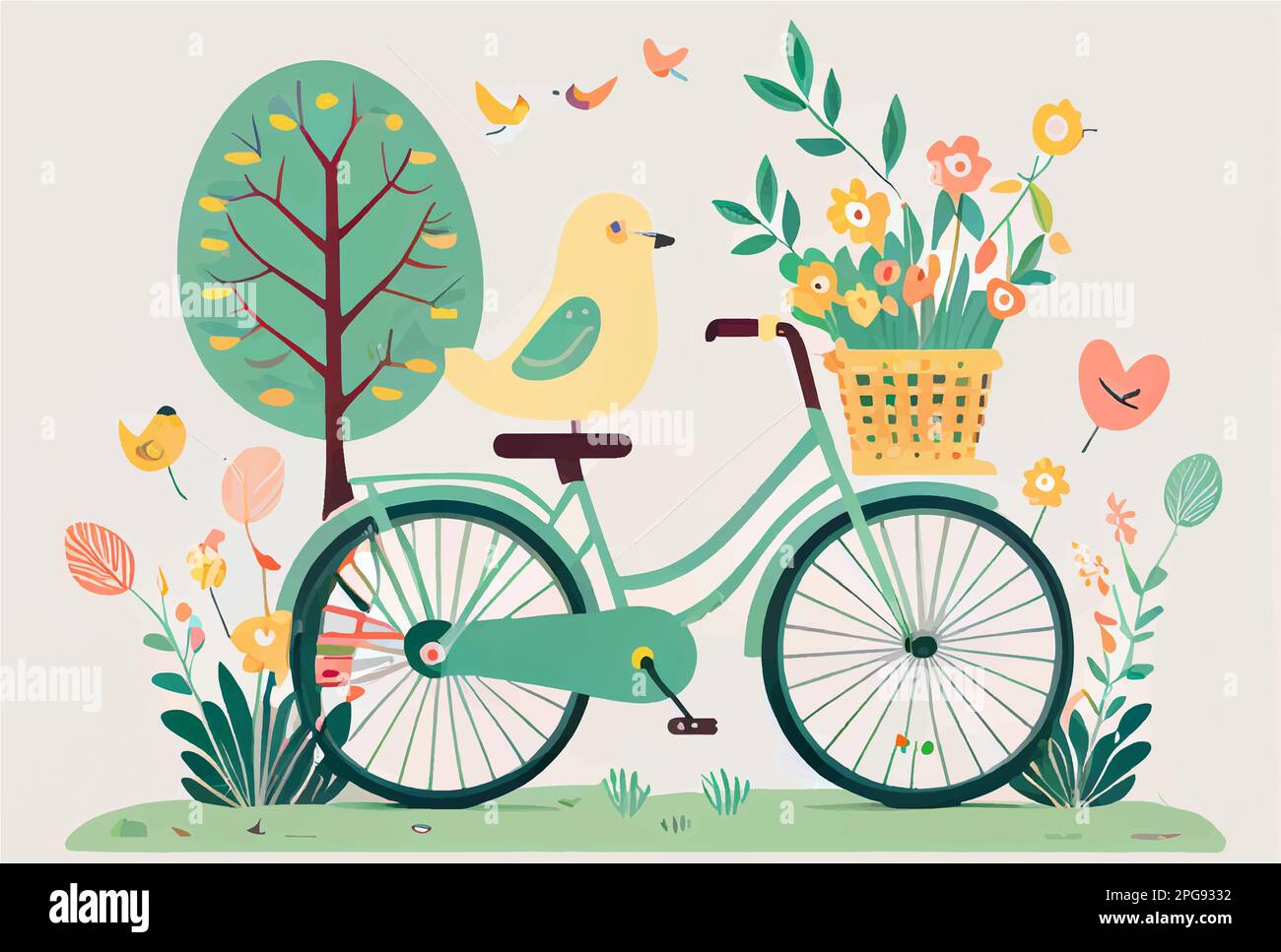 vector illustration cartoon style bicycle with wicker basket in spring ...