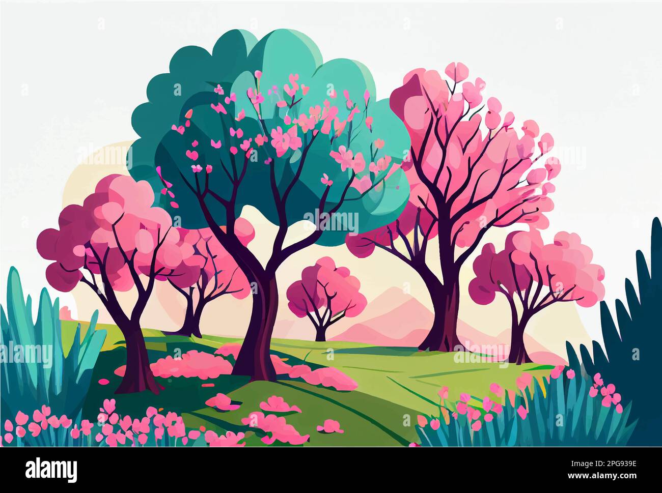 vector illustration of spring park with pink and green tree nature ...