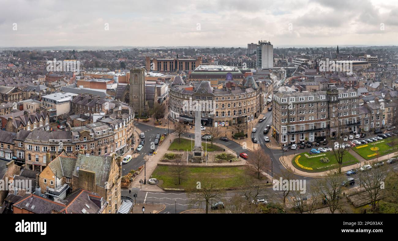 An aerial cityscape of Harrogate War Memorial and surrounding Victorian ...