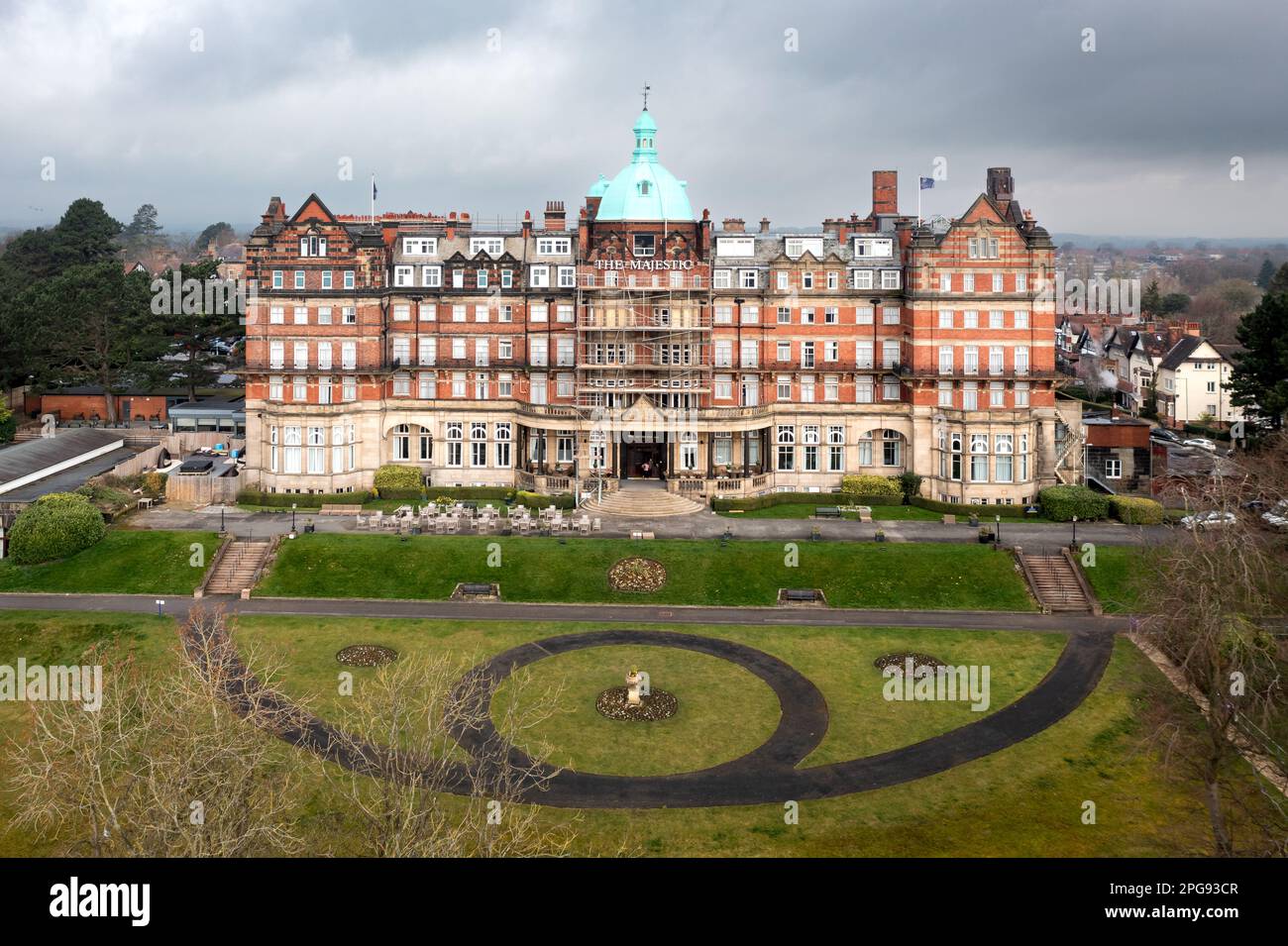 HARROGATE, UK - MARCH 18, 2023. An aerial view of the front facade of ...