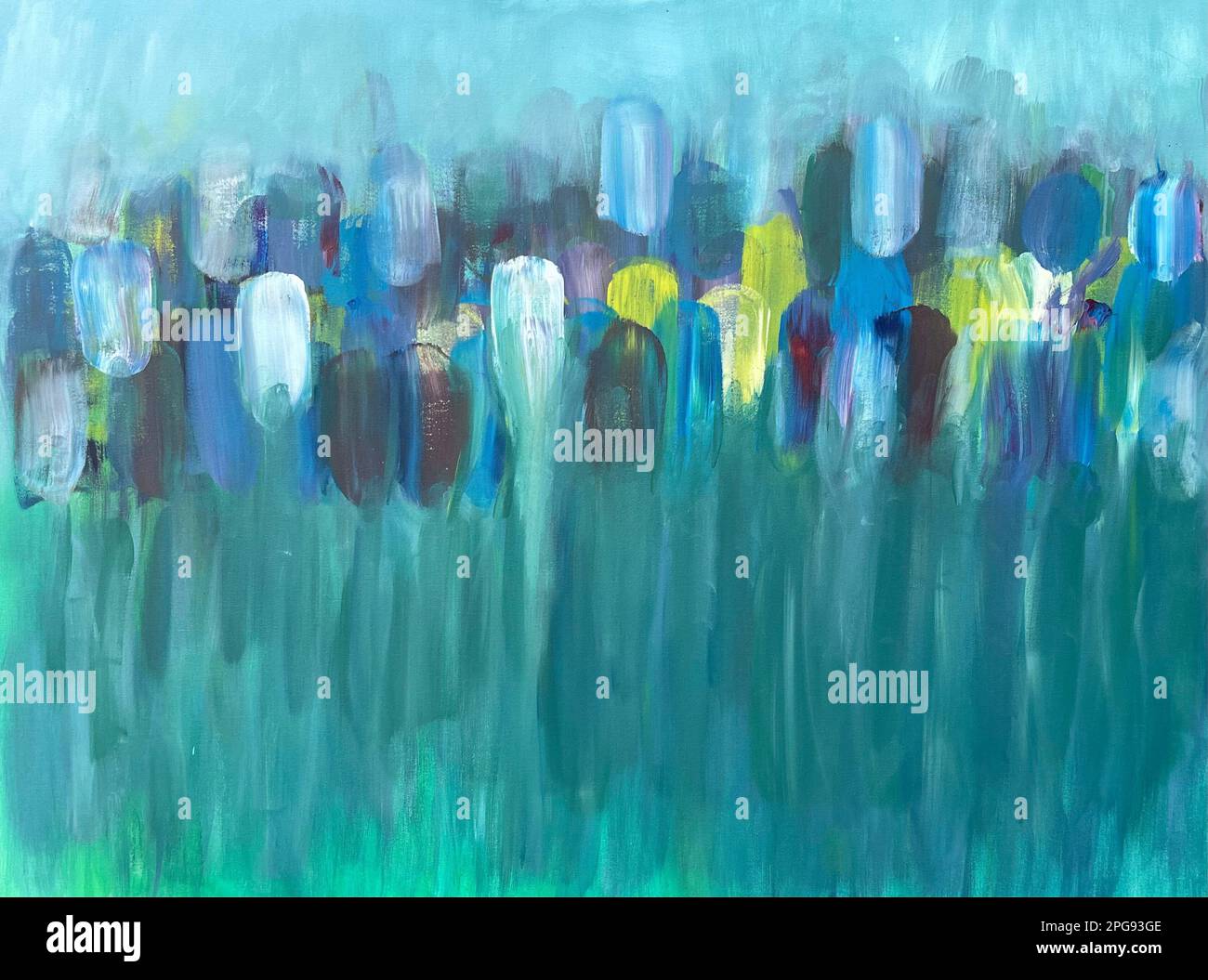 A vibrant abstract painting featuring a range of bold colors on a blue ...