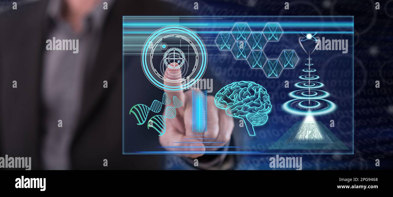 Man touching a futuristic technologies concept on a touch screen with ...