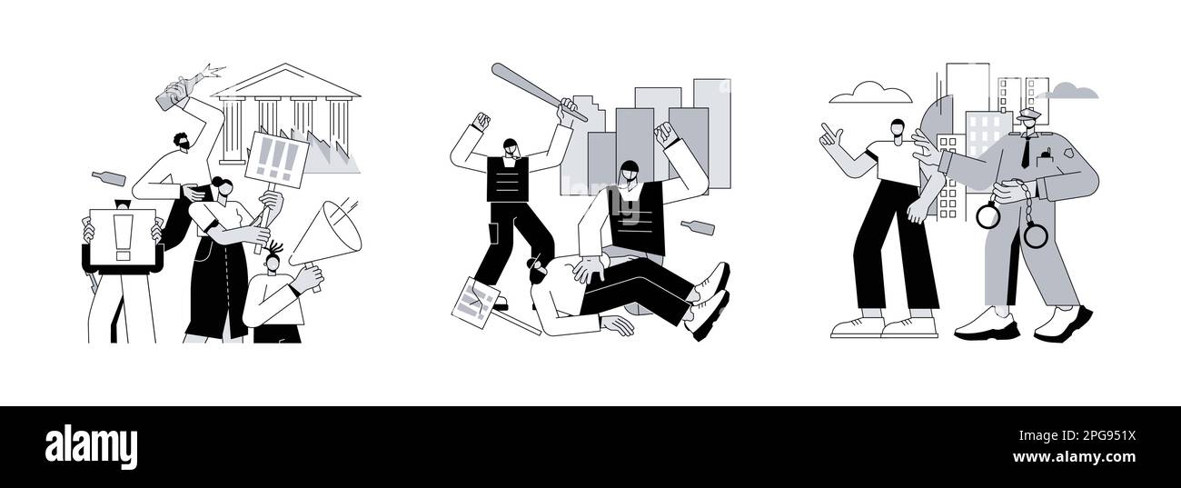 Street action abstract concept vector illustration set. Mass riots ...