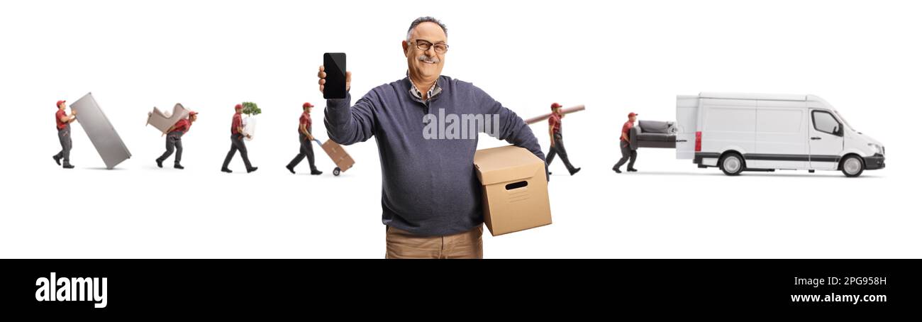 Movers putting household items in a van and a mature man holding a box ...