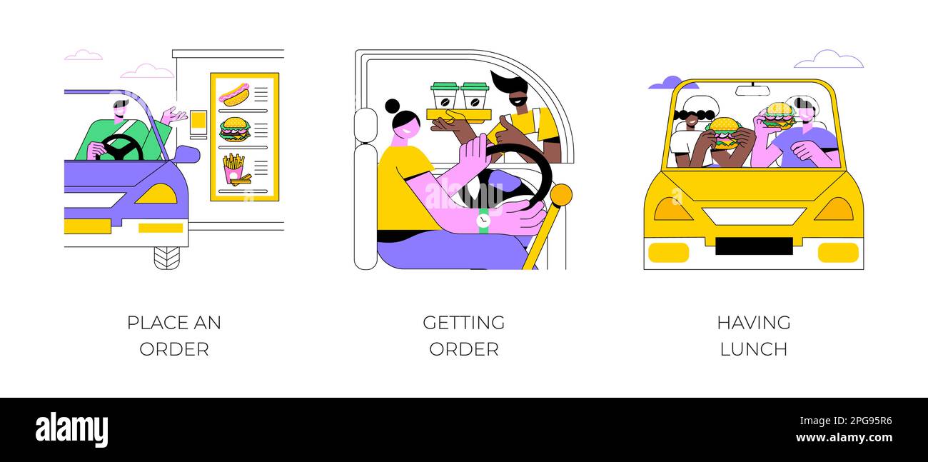 Drive in restaurant isolated cartoon vector illustrations set. People ...