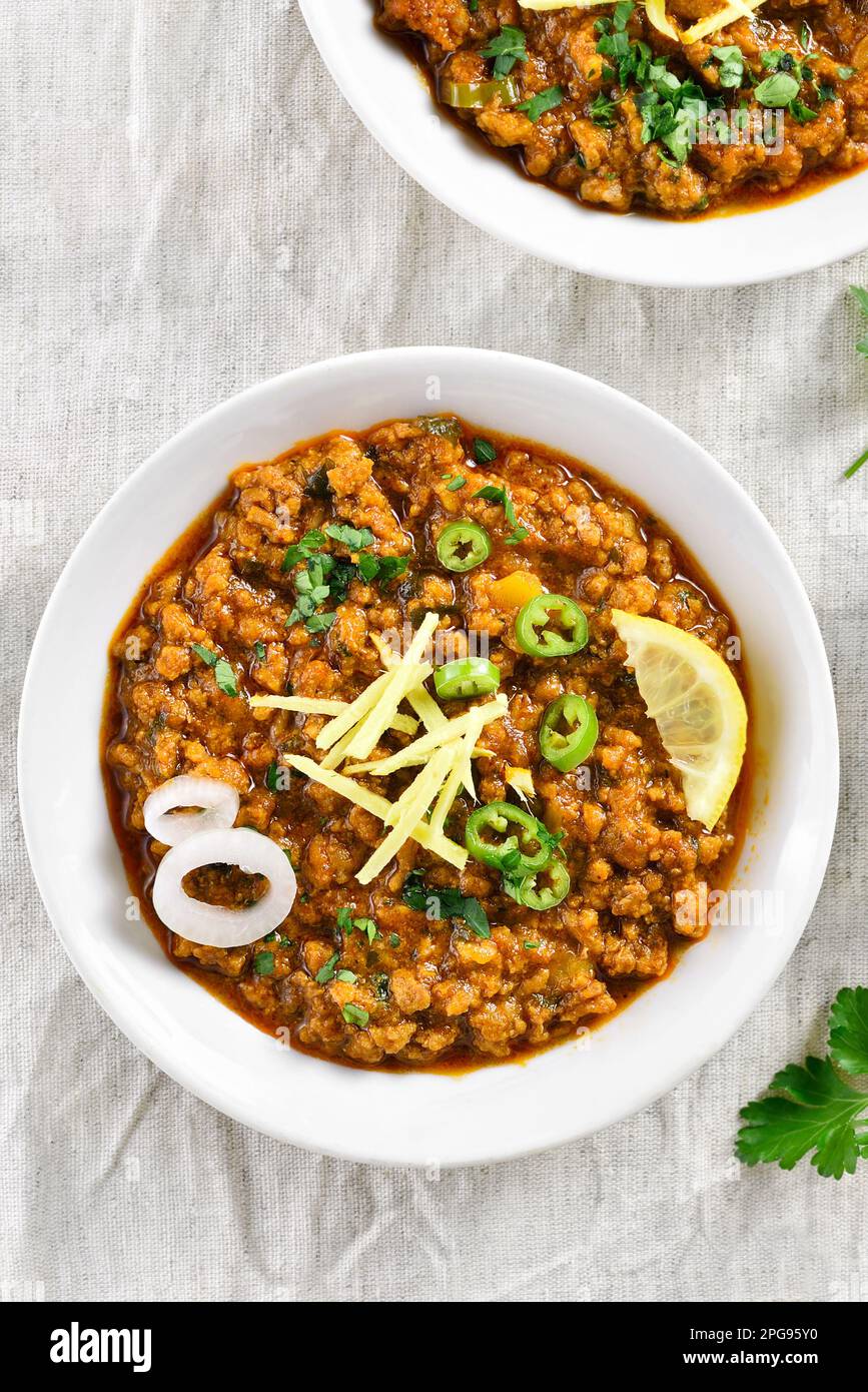 Keema curry in bowl over light background. Indian and pakistani style ...