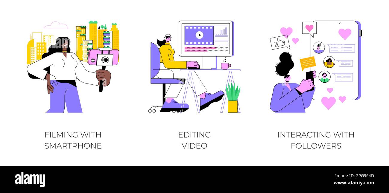 Vlogging isolated cartoon vector illustrations set. Filming content ...