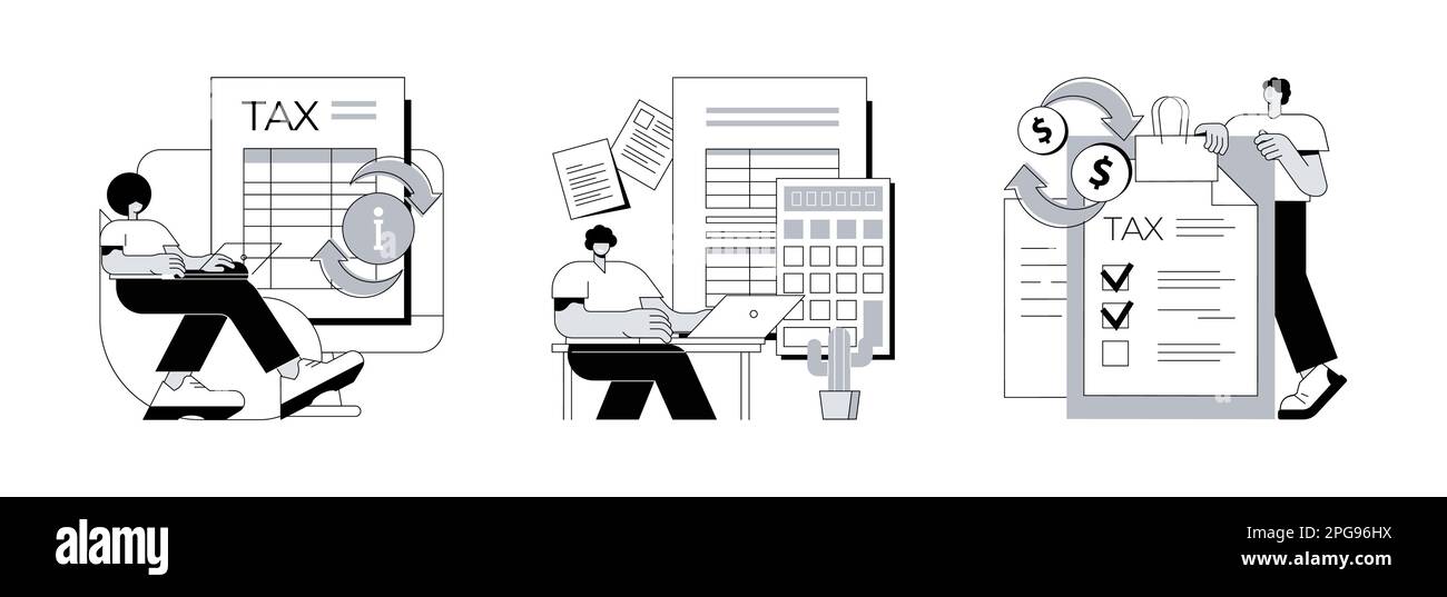 Tax filing abstract concept vector illustration set. Provide and update ...