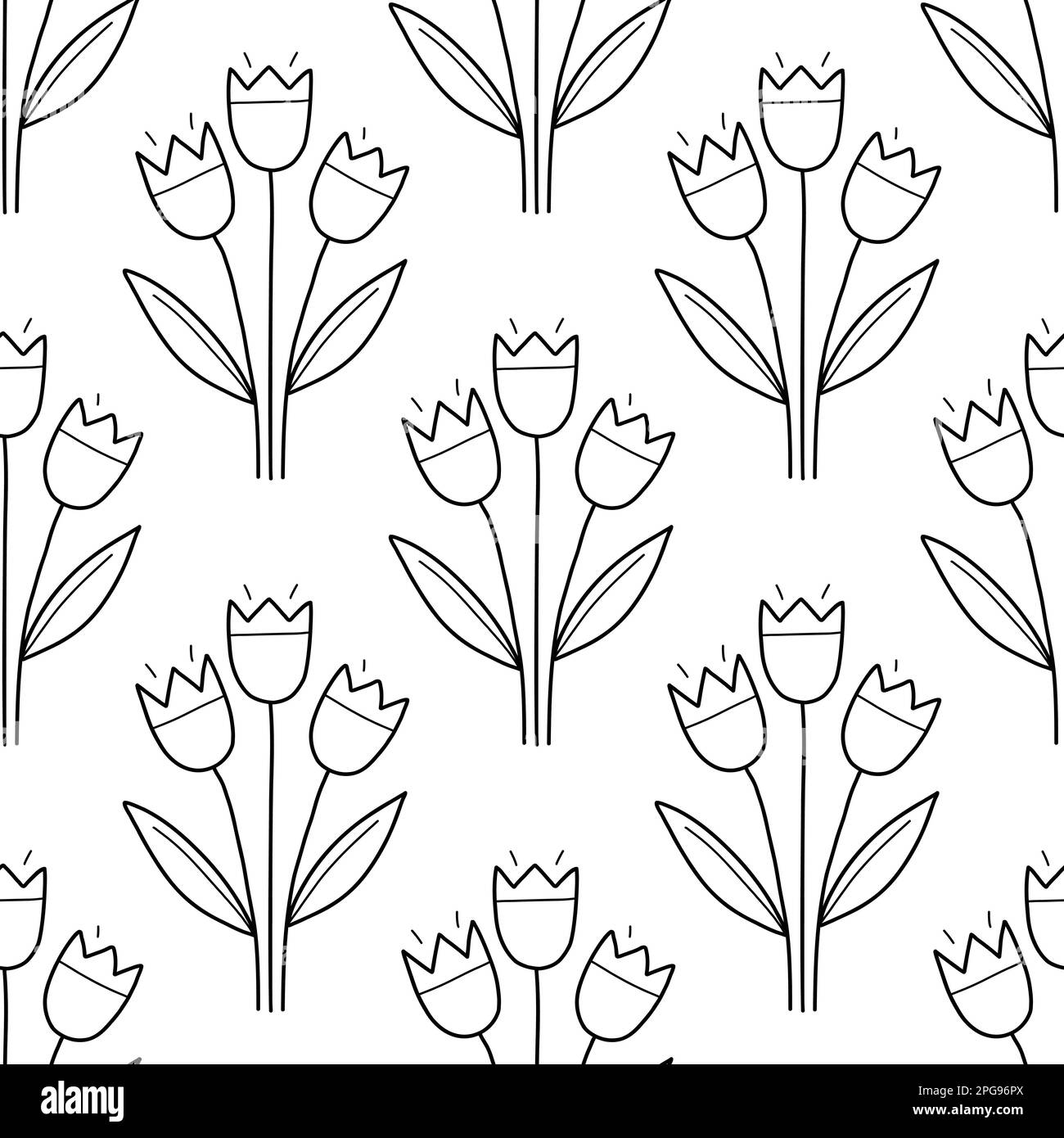 Tulip spring seamless pattern vector doodle illustration. Flower floral background with outline ...