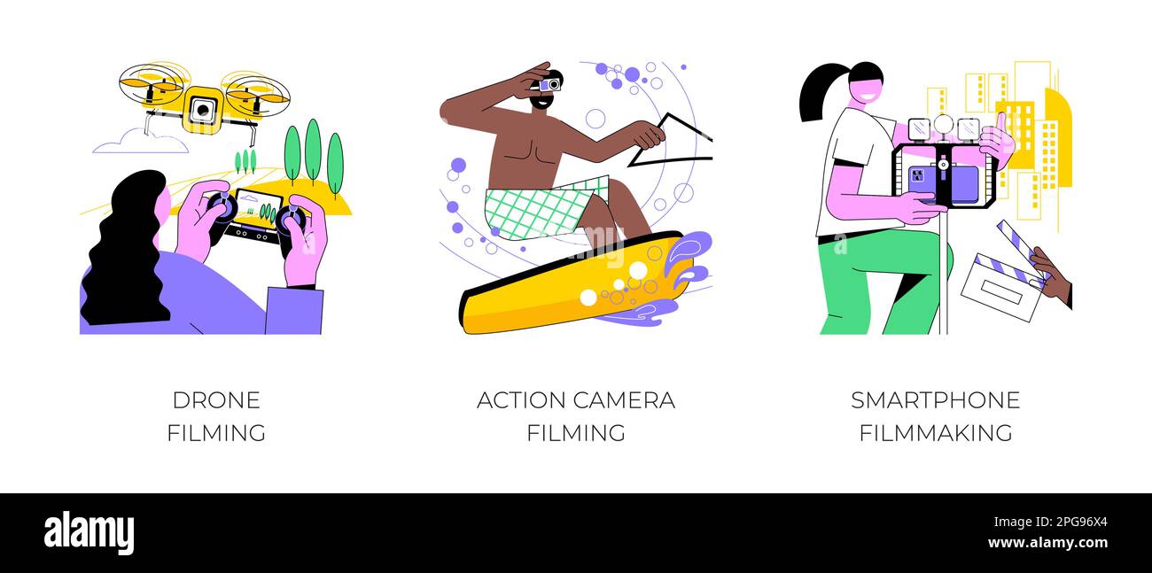 Filmmaking as a hobby isolated cartoon vector illustrations set. Aerial ...
