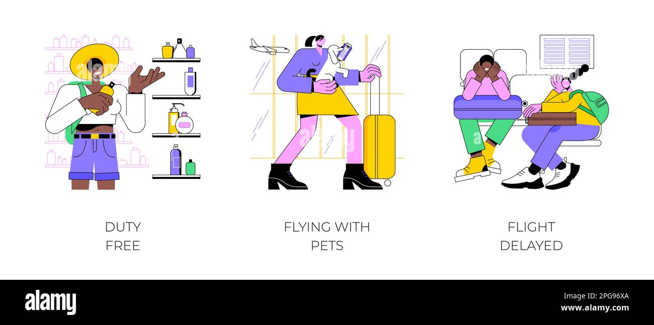 Airport routine isolated cartoon vector illustrations set. Buying ...