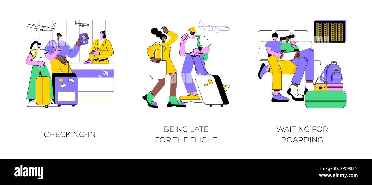 Traveling by plane isolated cartoon vector illustrations set. Smiling ...