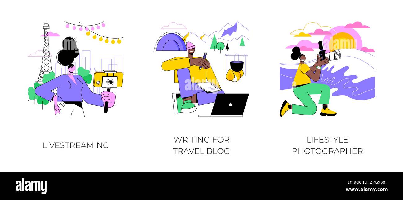 Travel blogger isolated cartoon vector illustrations set. Livestreaming ...