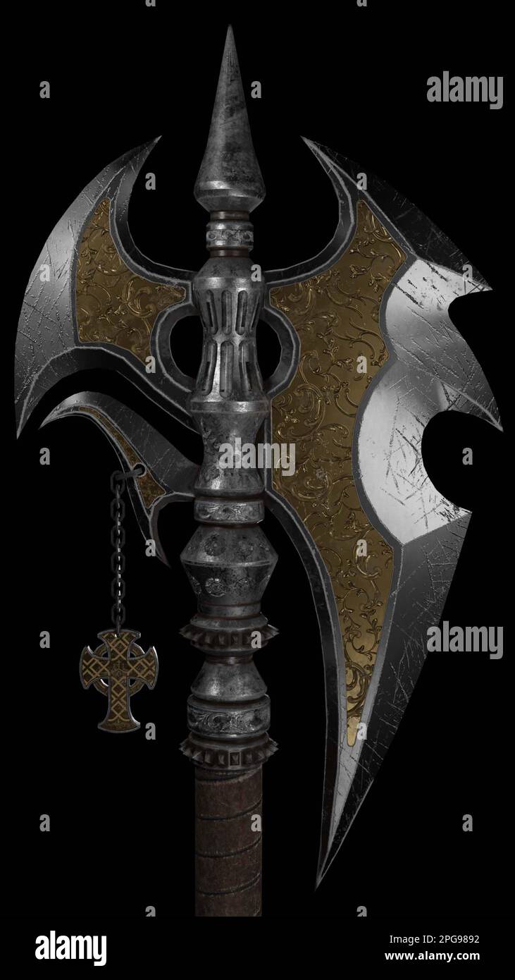 A vertical shot of an ancient double-headed battle axe on a black background Stock Photo - Alamy