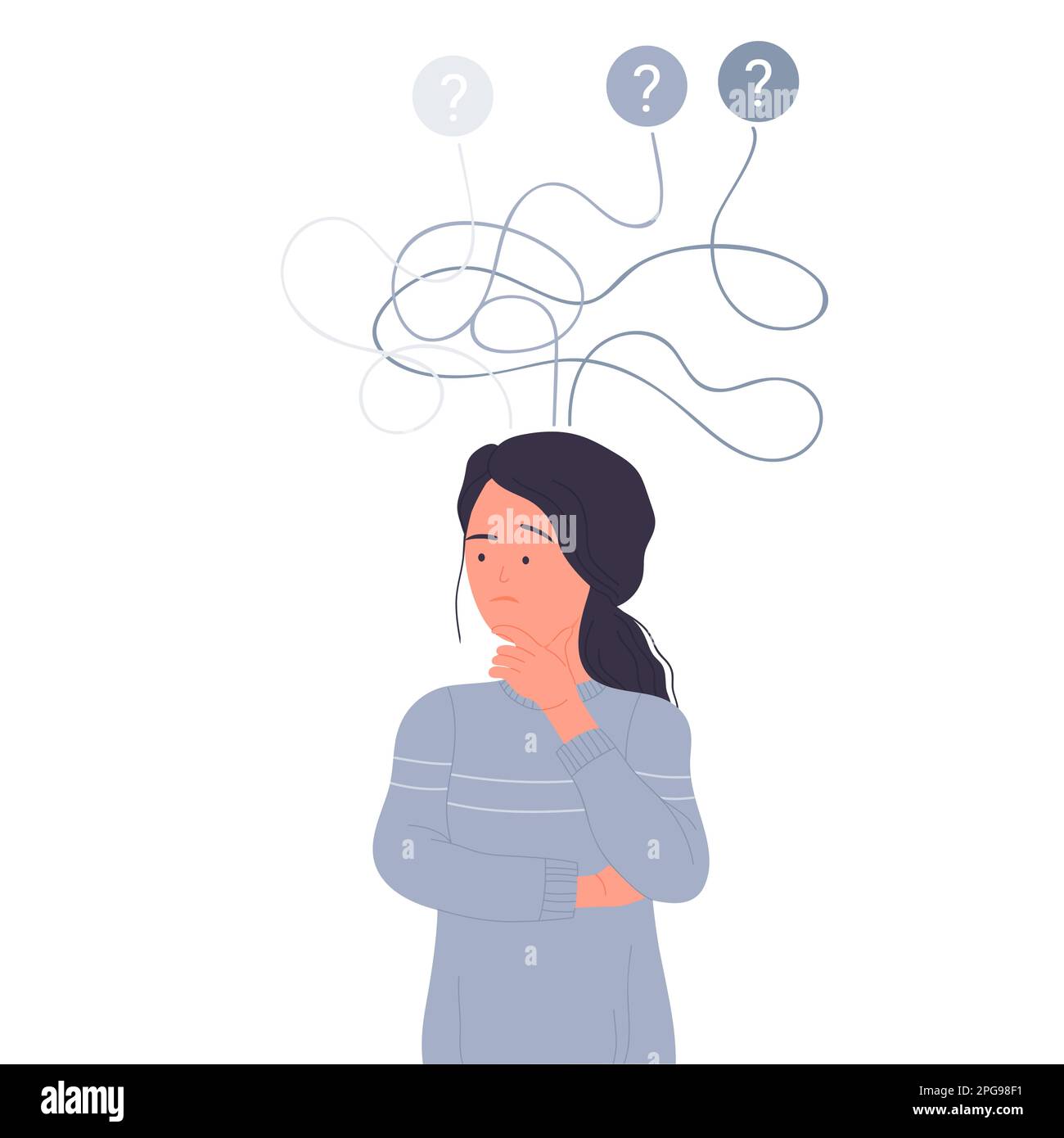 Woman with chaos in head. Confused girl, thinking woman, mental problem ...