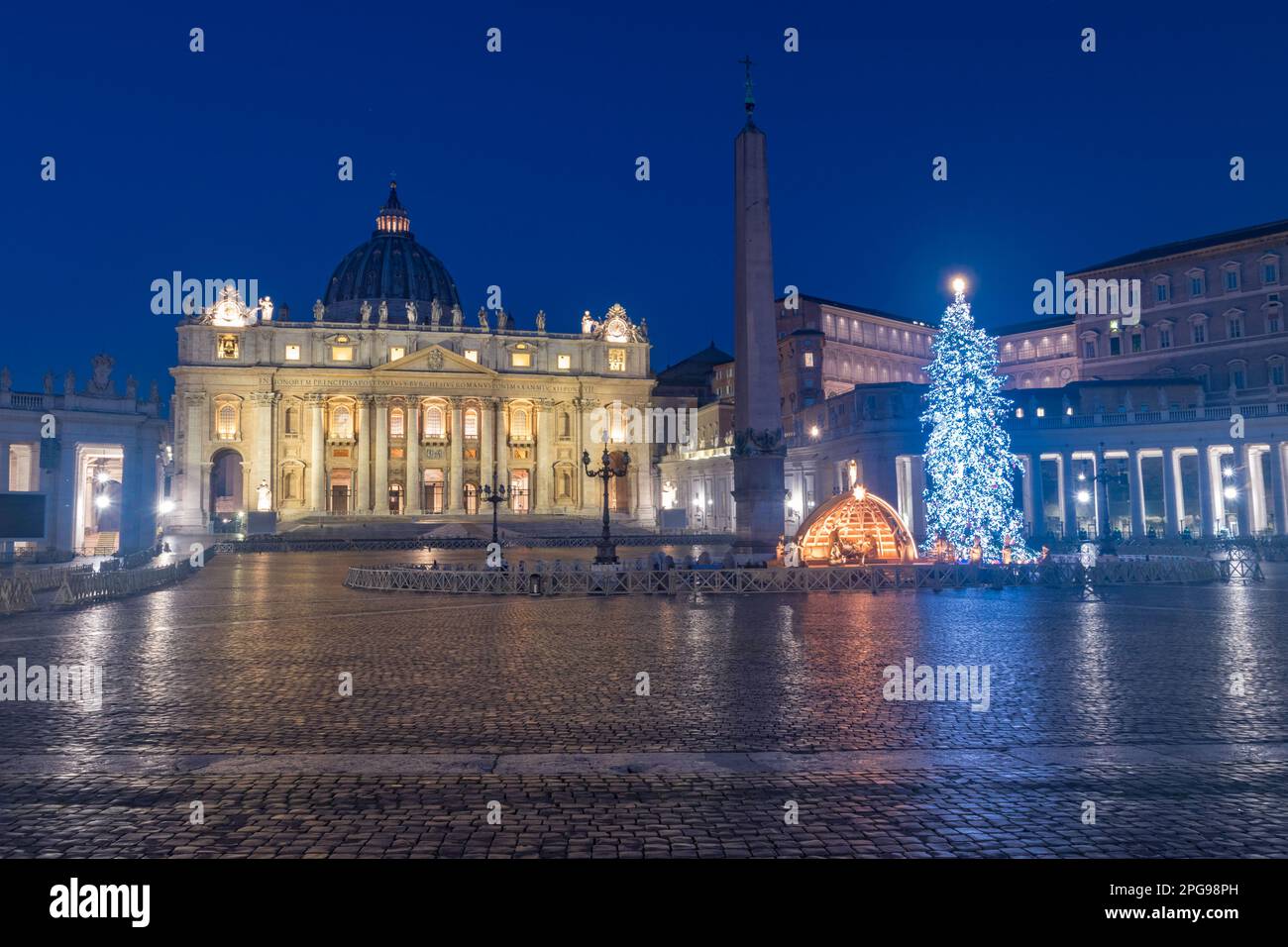 St. Peter Basilica with Nativity scene and Christmas tree at Christmas ...