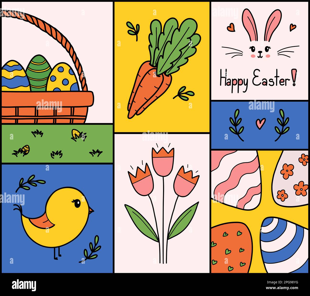 Easter card vector illustration. Cute Easter doodles with eggs, bunny ...