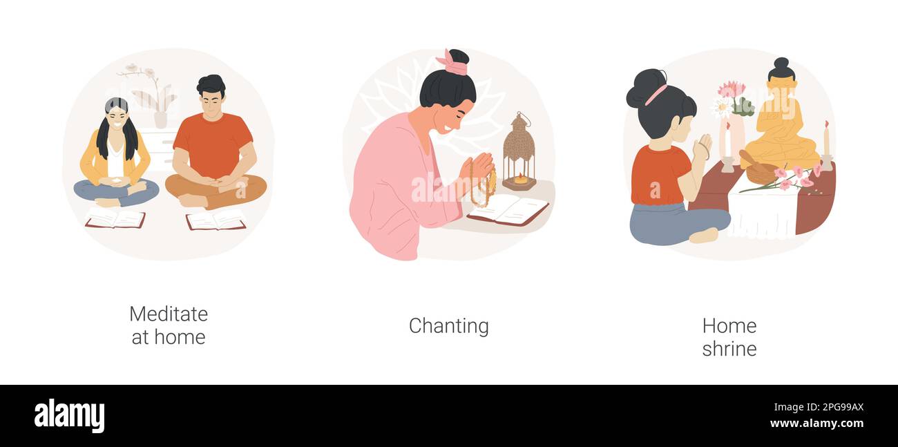 Buddhist daily rituals isolated cartoon vector illustration set ...