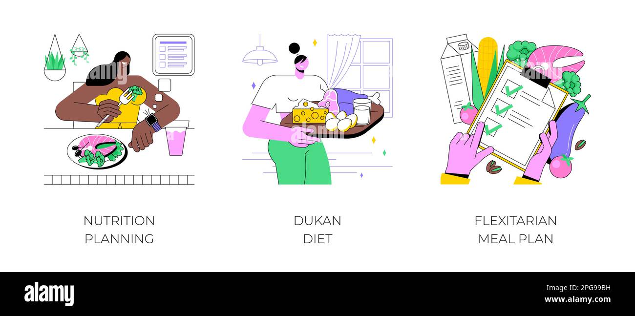 Nutrition planning isolated cartoon vector illustrations set. Intermittent fasting, woman eating ...