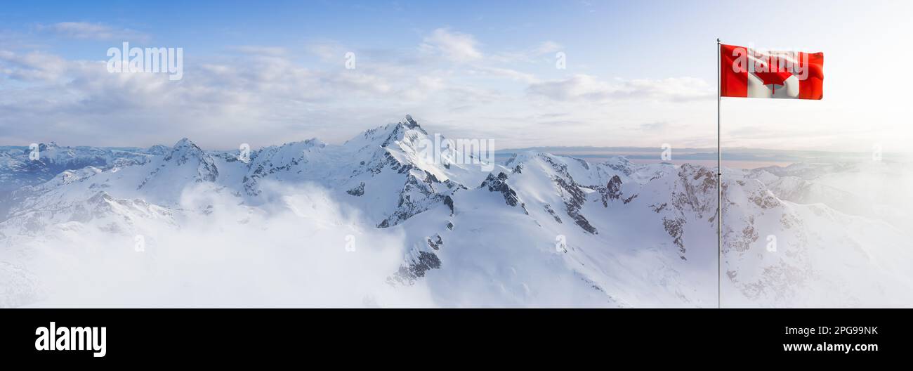 Aerial Panoramic View of Canadian Mountain Landscape with National Flag ...