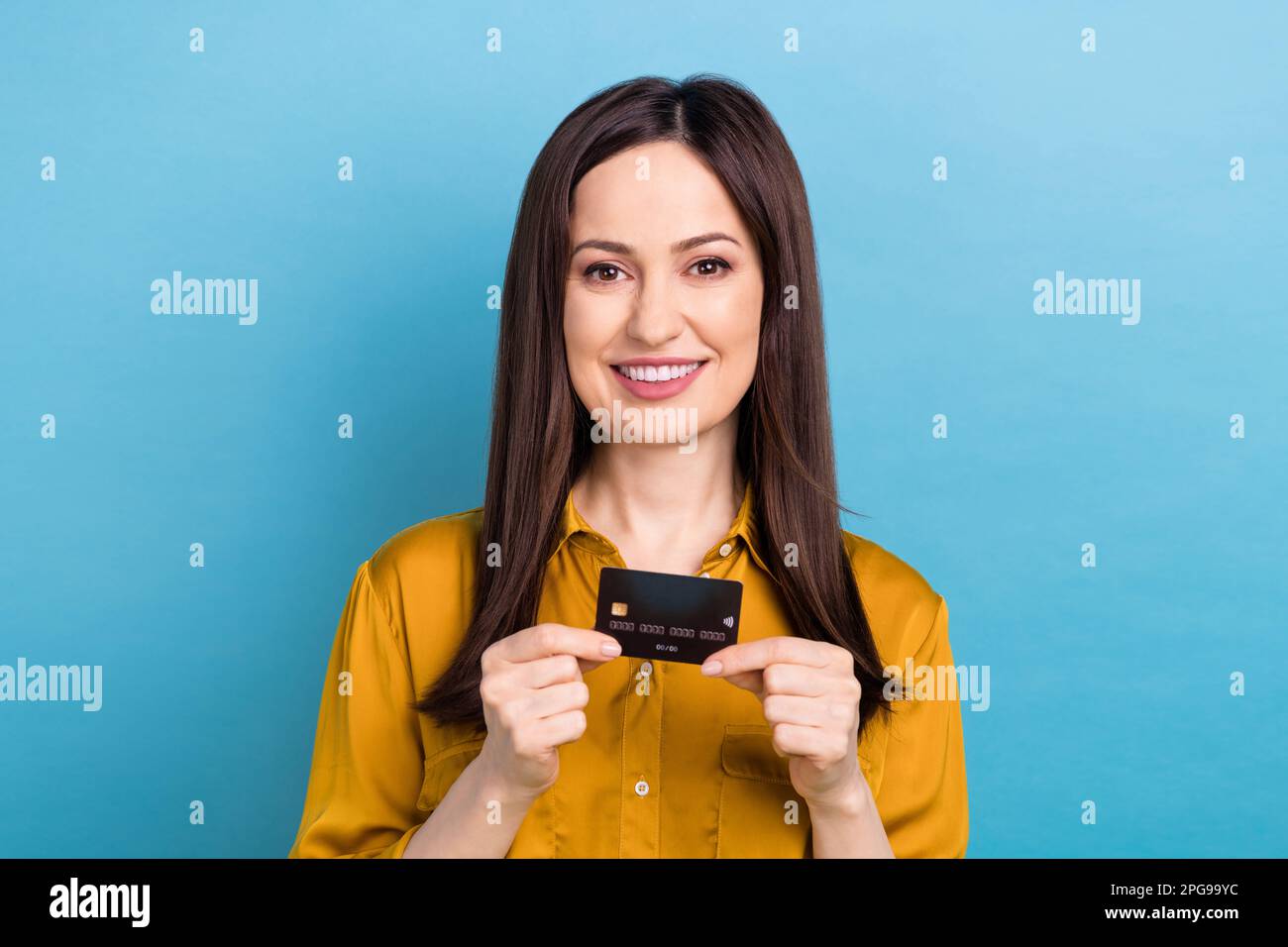 Closeup photo of young promoter confident business woman banker plastic ...