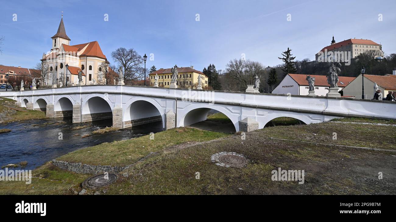 Reconstructed baroque arch bridge over the Oslava river with sculptural ...