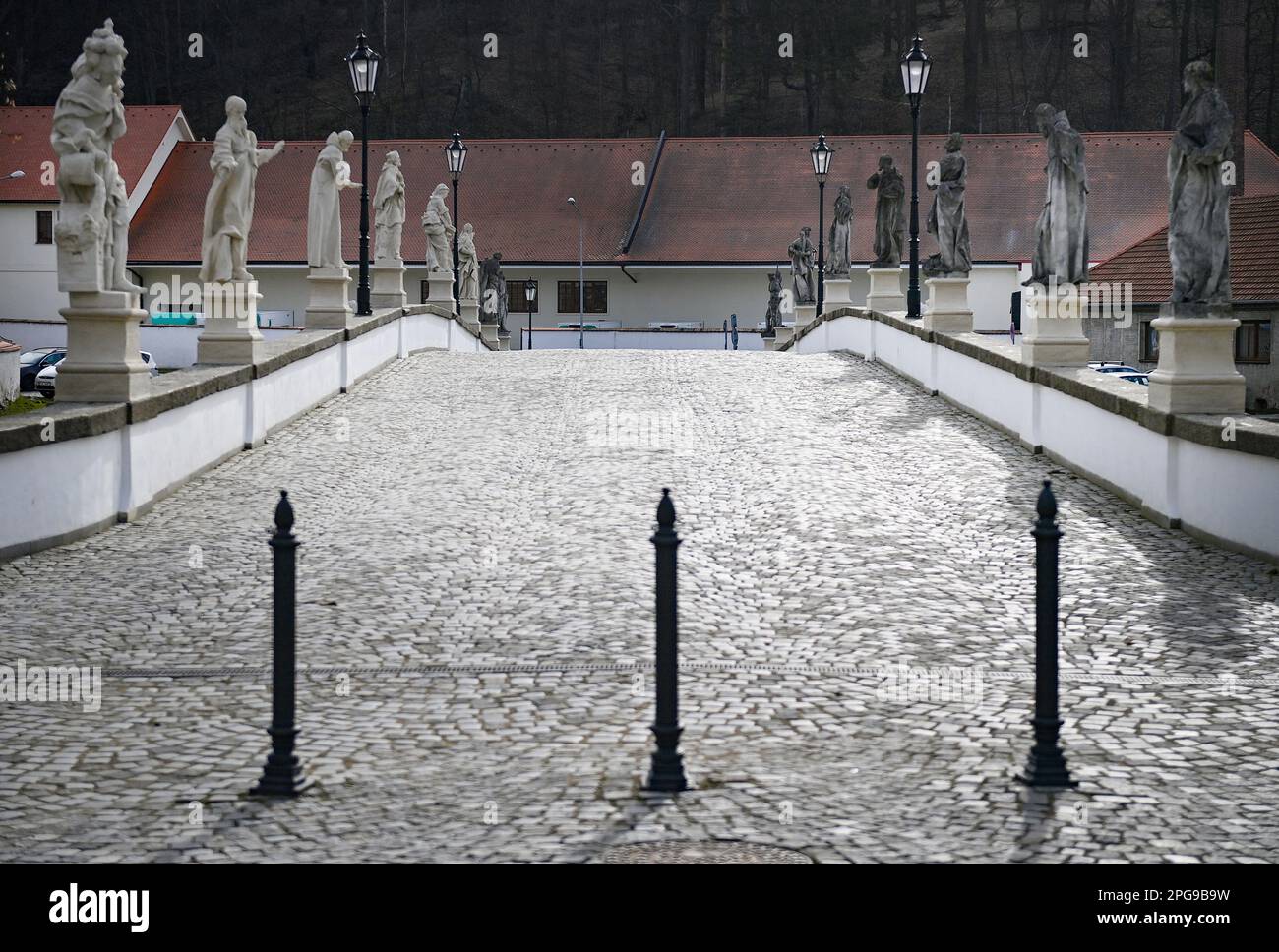Reconstructed baroque arch bridge over the Oslava river with sculptural ...