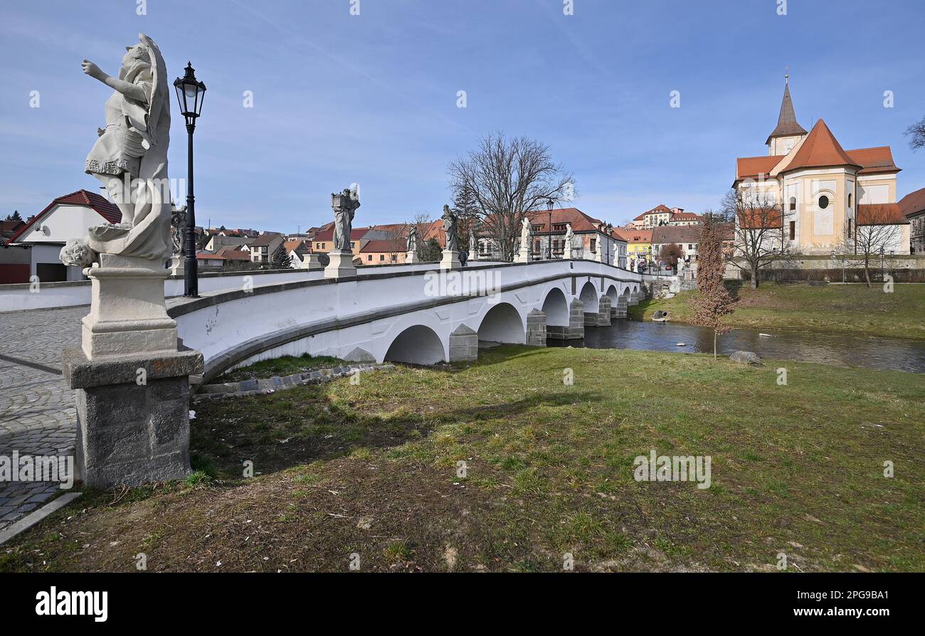 Reconstructed baroque arch bridge over the Oslava river with sculptural ...