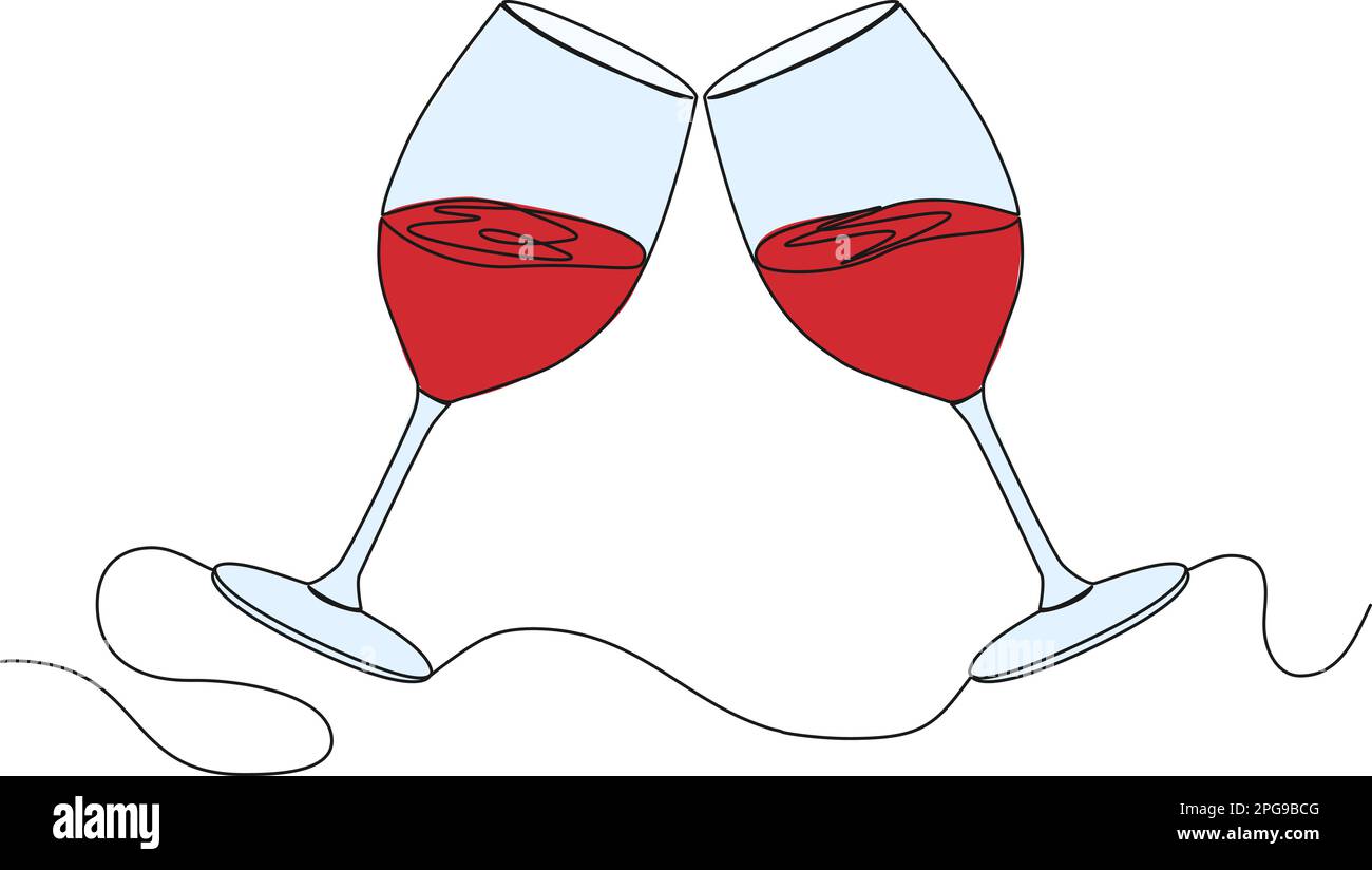 continuous single line drawing of clinking wine glasses with red wine ... continuous single line drawing of clinking wine glasses with red wine ...