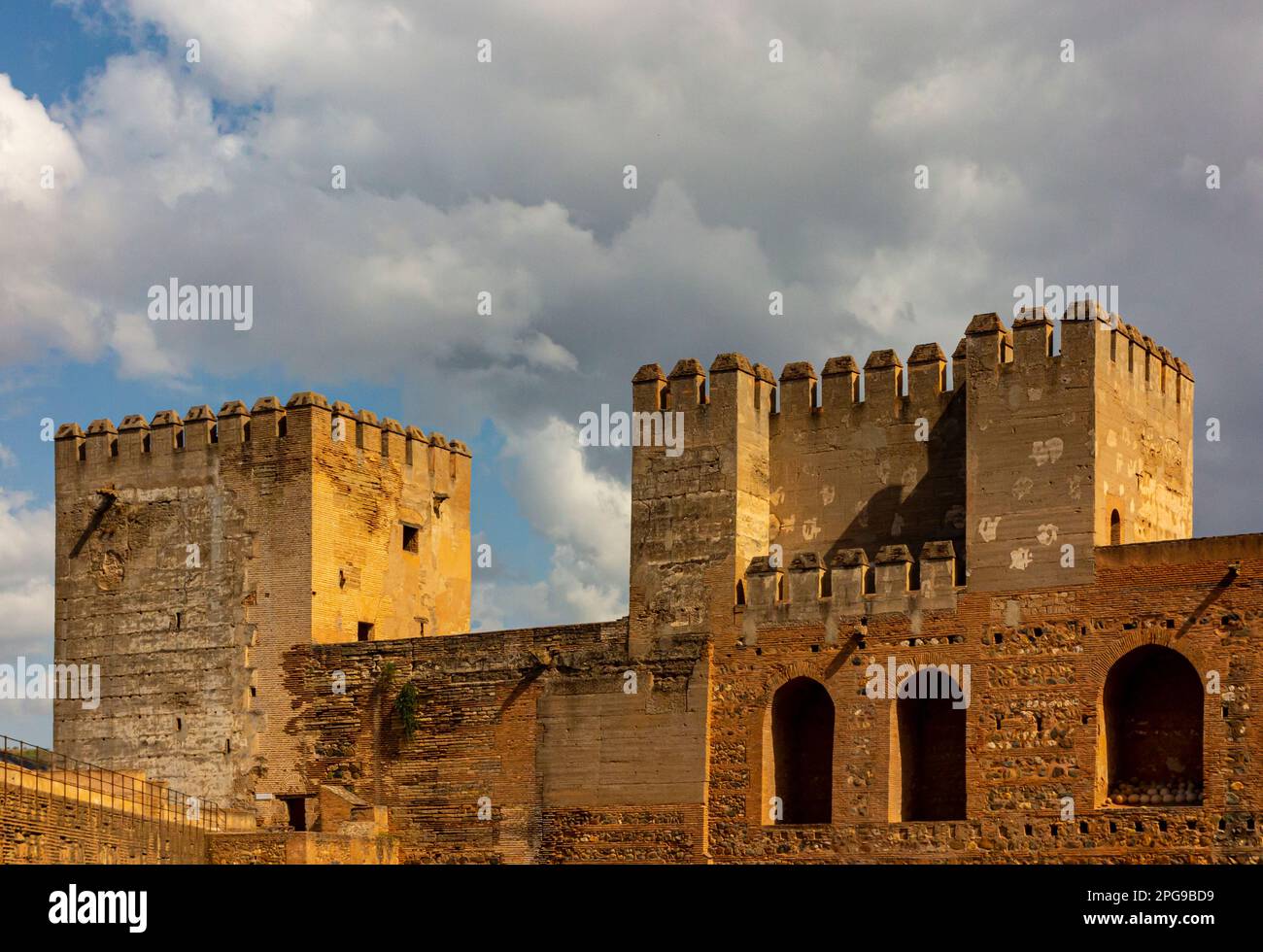 Moorish towers and walls at the Alhambra Palace in Granada Andalucia ...