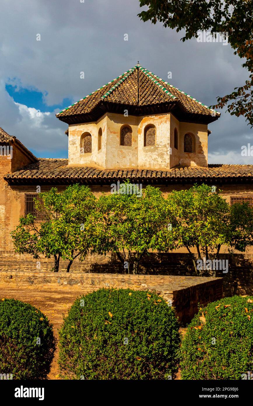 Building in the Generalife gardens at the Alhambra Palace in Granada ...