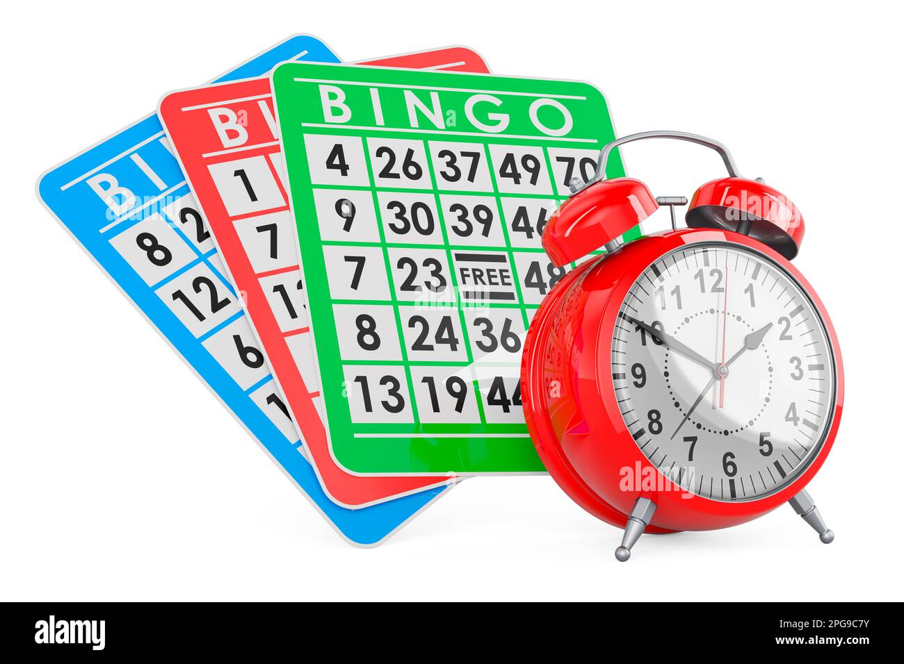 Bingo cards with alarm clock, 3D rendering isolated on white background ...