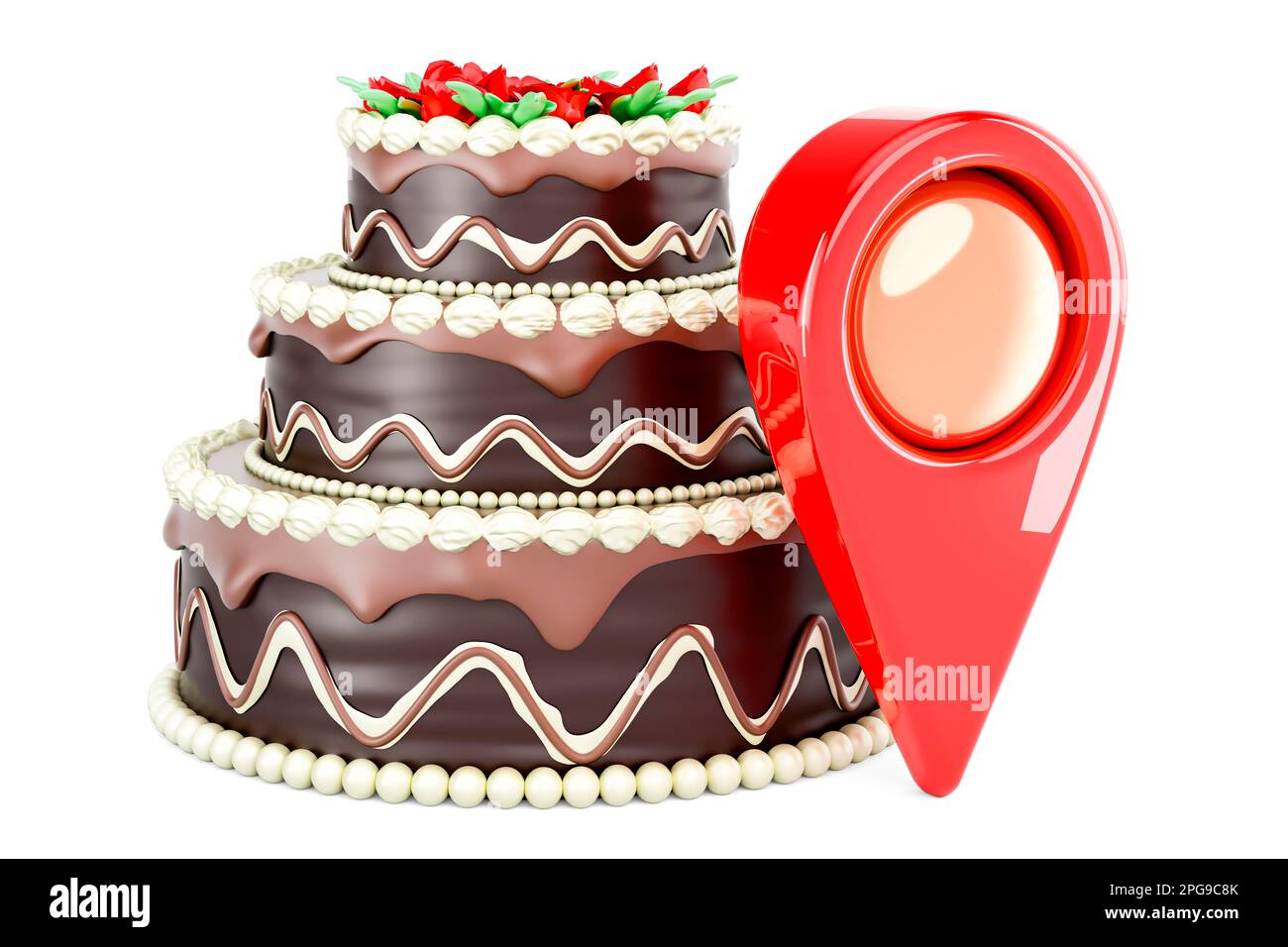 Chocolate Cake with map pointer, 3D rendering isolated on white ...